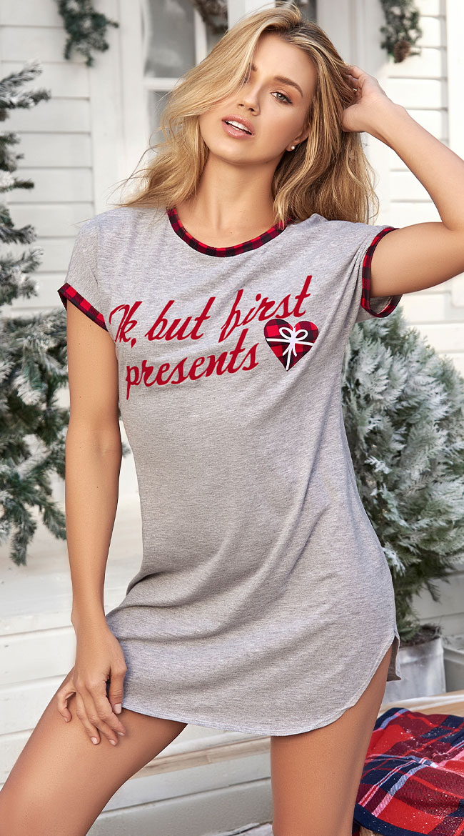 But First Presents Sleep Shirt, Gray Nightgown - Yandy.com