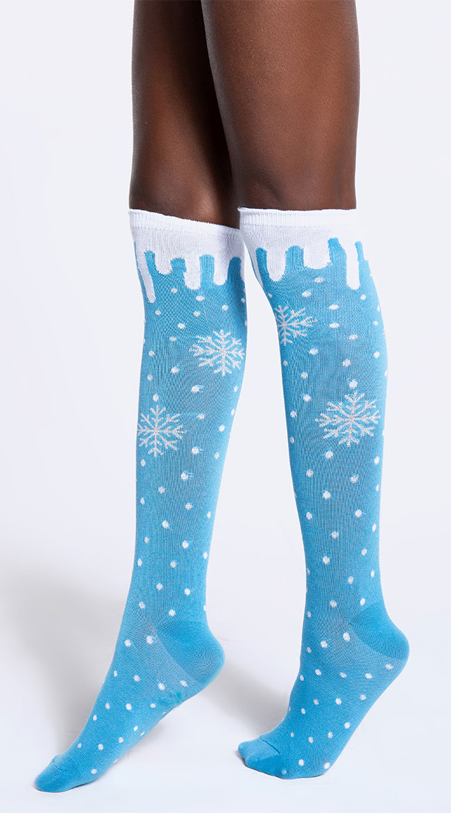 Sexy Snowflake Knee High Socks, Blue Holiday Snow Socks - Yandy.com