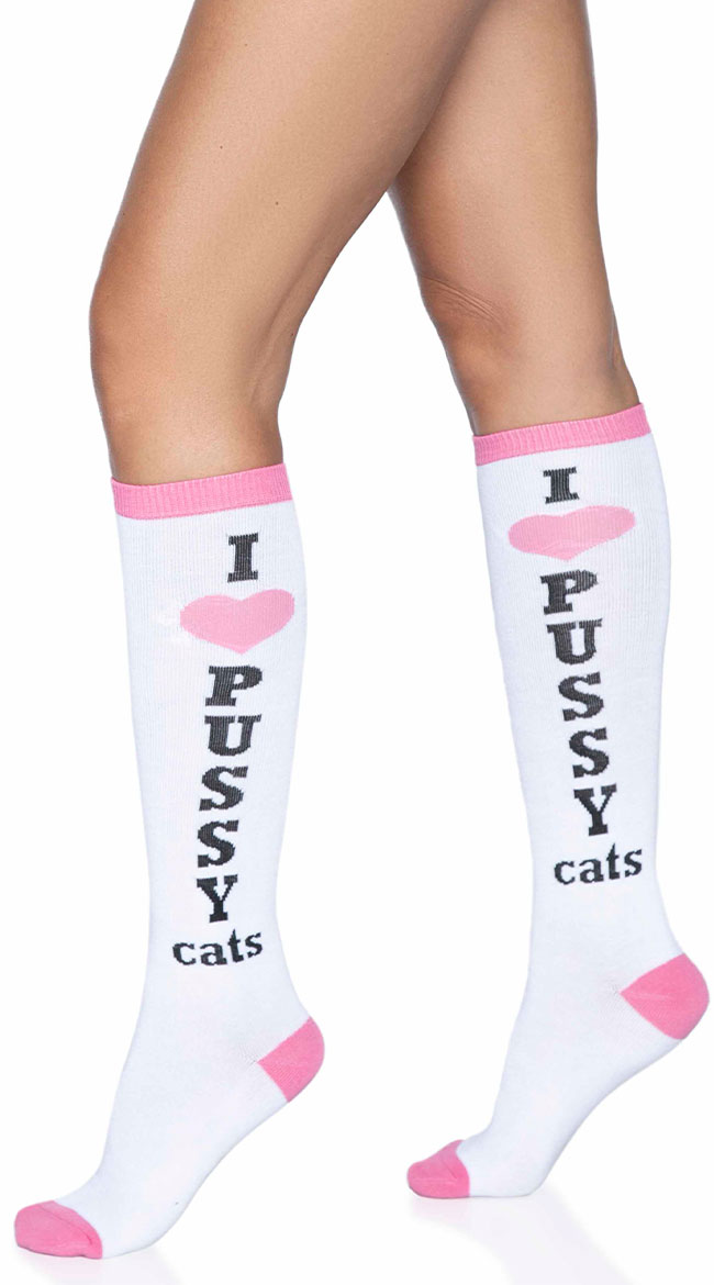 Pussycat Knee High Socks, I Love Cats Knee High Socks - Yandy.com