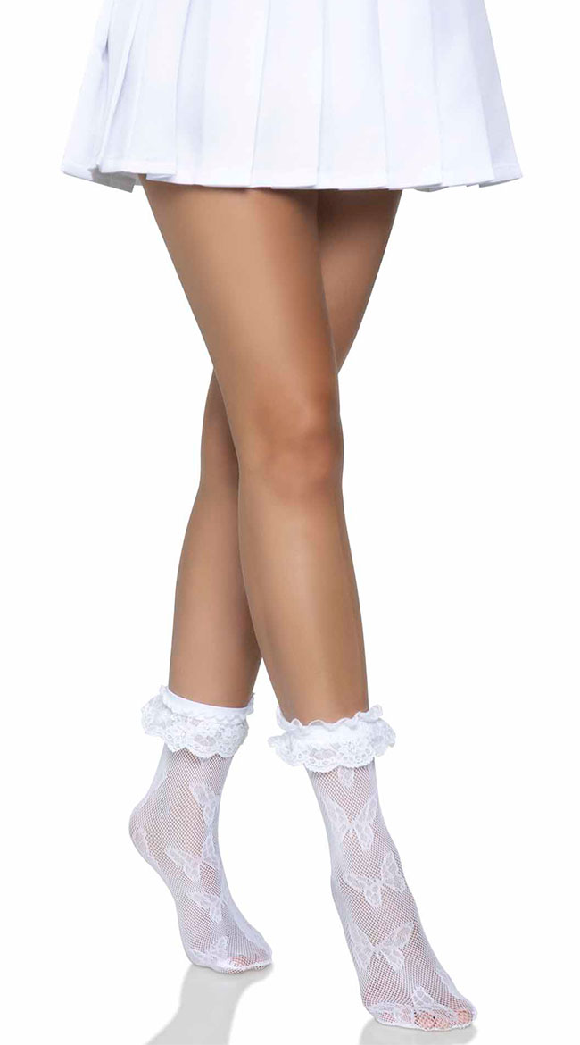 Lace Ruffle Butterfly Anklets, Butterfly Fishnet Socks - Yandy.com