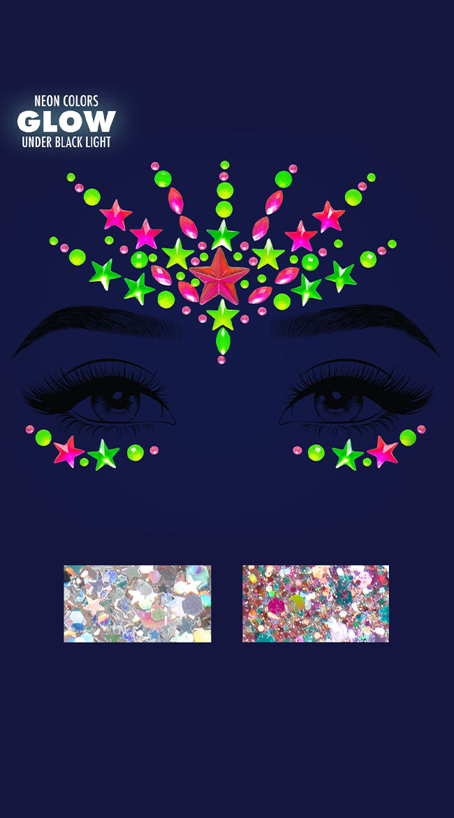 Vibe Neon Glow Face Jewels & Glitter Packets, Rhinestone Face Jewels ...