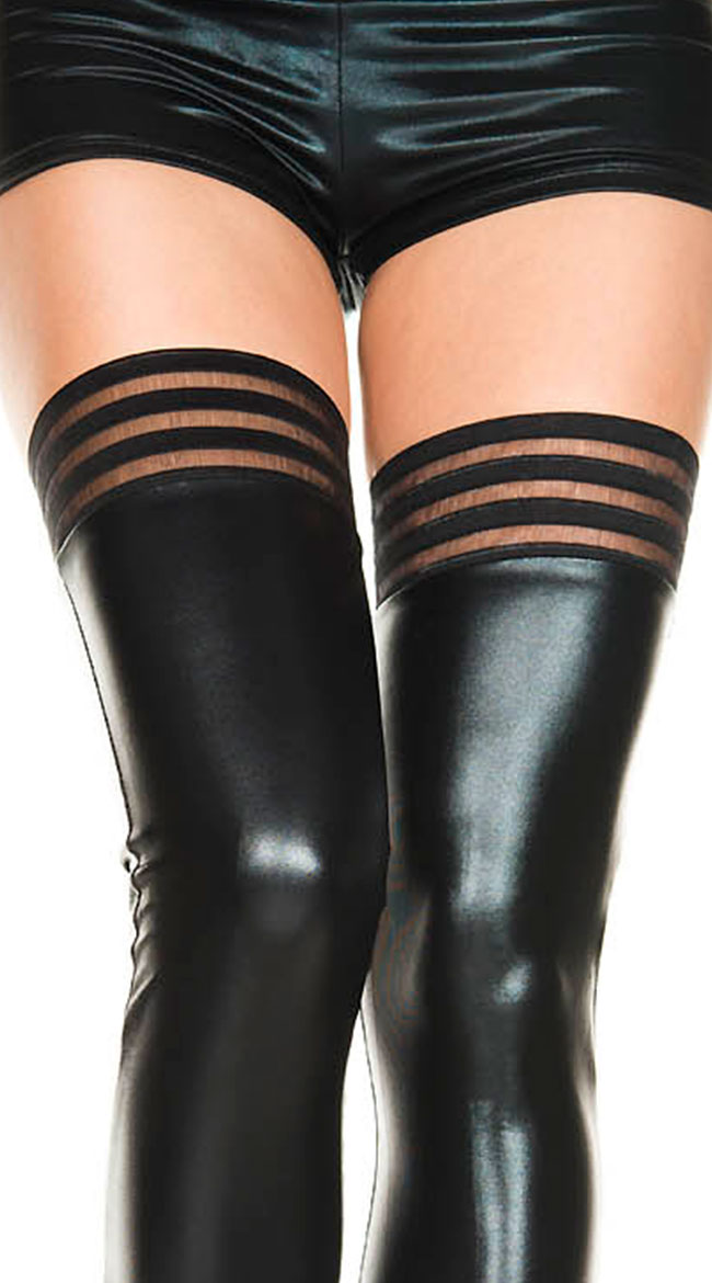 Stripe Top Wet Look Footless Thigh Highs Sexy Black Stockings