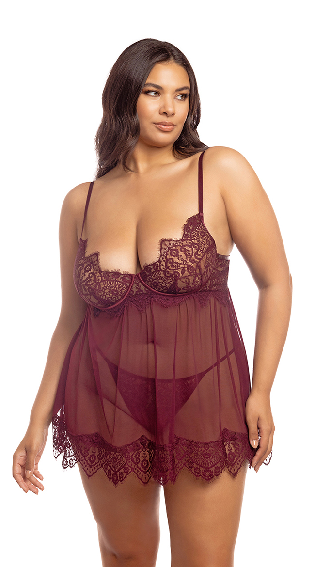 Plus Size Kinsley Lace Babydoll Set, Plus Size Lace and Mesh Babydoll Set - Yandy.com