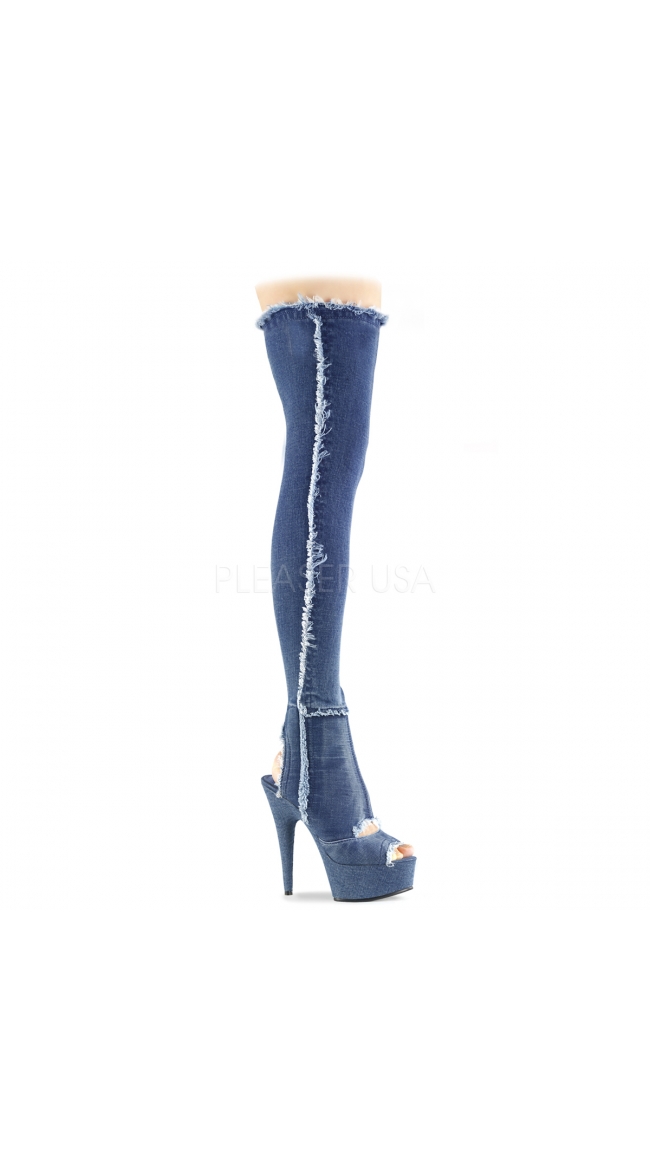 6 Inch Thigh High Frayed Denim Heel Boot, Blue Denim Boots - Yandy.com