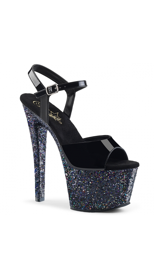 7 Inch Black Patent Glitter Sandal, 7 Inch Black Sandal - Yandy.com