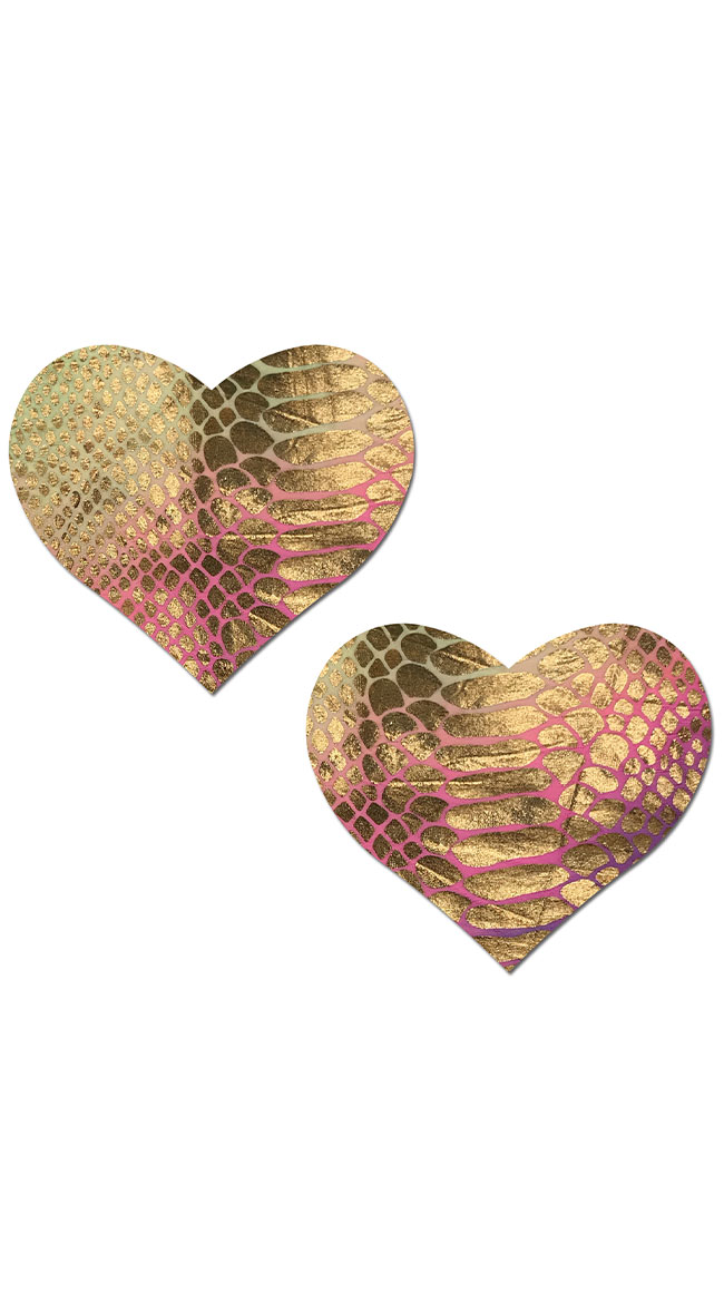 Gold Holographic Snakeskin Heart Pasties, Gold Heart Pasties - Yandy.com