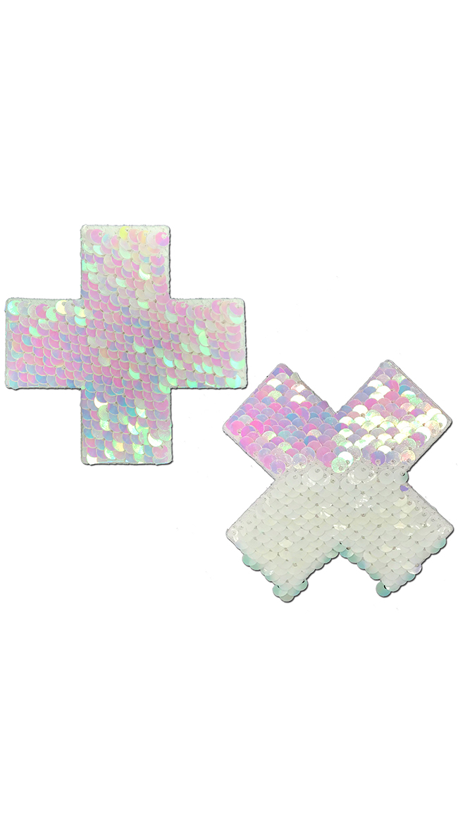 Flip Sequin Pearl and White Cross Pasties, White and Pearl Cross ...