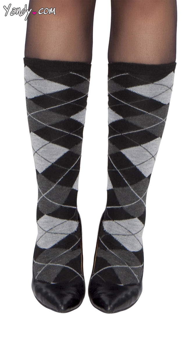 Grey Argyle Stockings, Grey and Black Argyle Stockings, Argyle Knee Highs