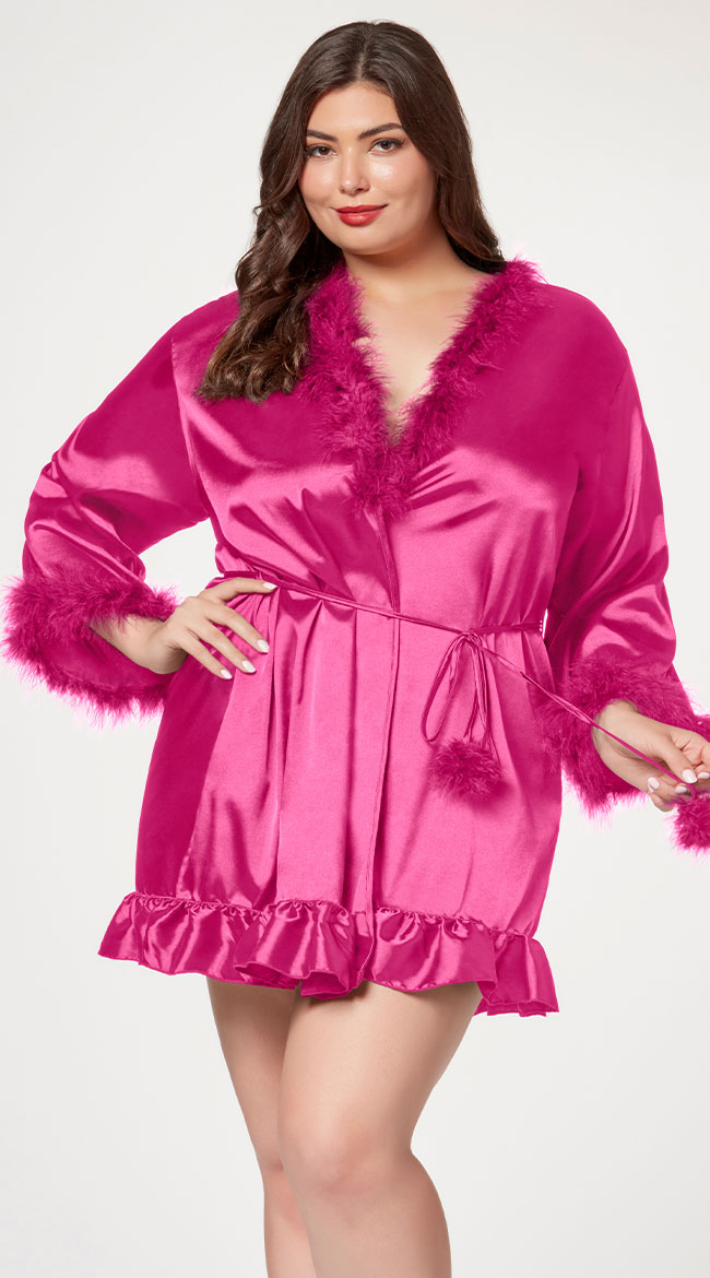 Plus Size Fuzzy Silk Short Robe, Plus Size Marabou Silk Robe - Yandy.com