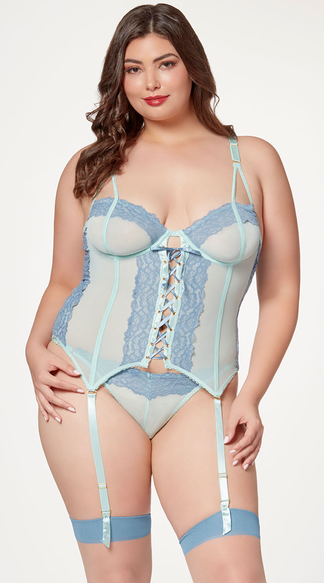 Plus Size Two Tone Elegance Bustier Set Plus Size Mesh And Lace Bustier Set