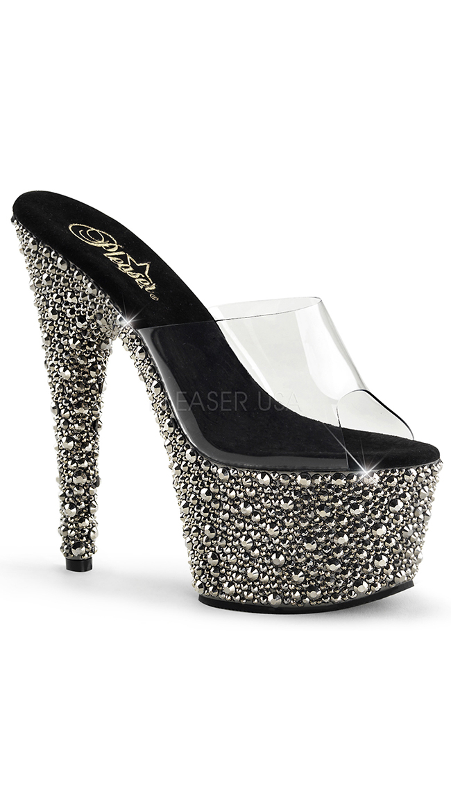Glitzy Glamour Clear Platform Slide, Pink High Heels, Platform Heels