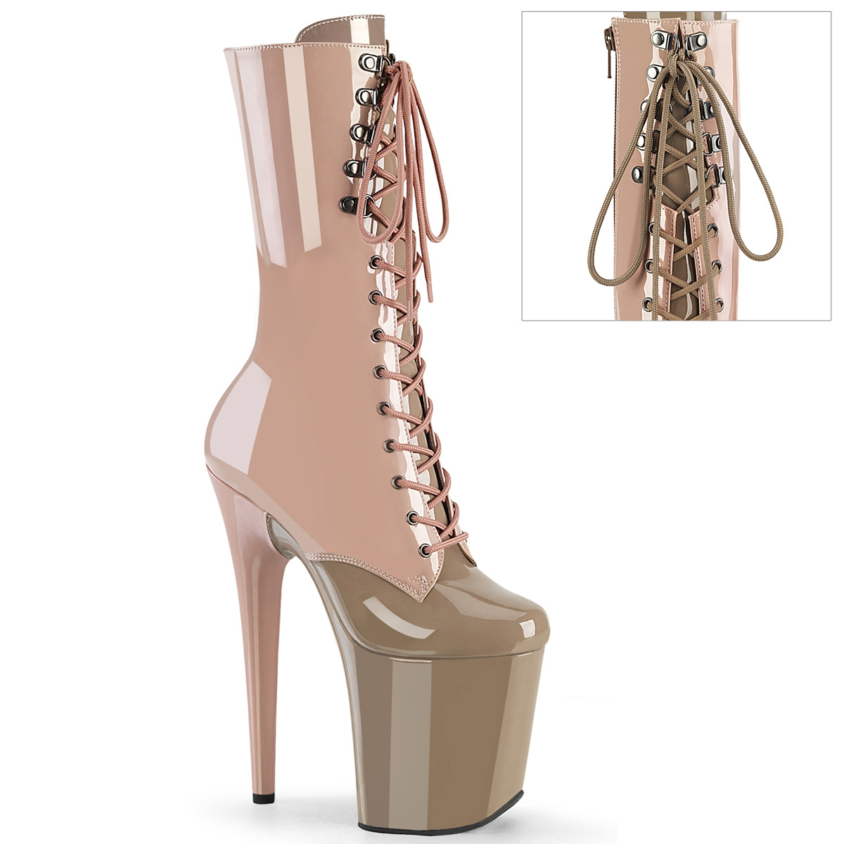 8" Heel, 4" PF Two Tone Lace-Up Mid Calf Boot, Side Zip