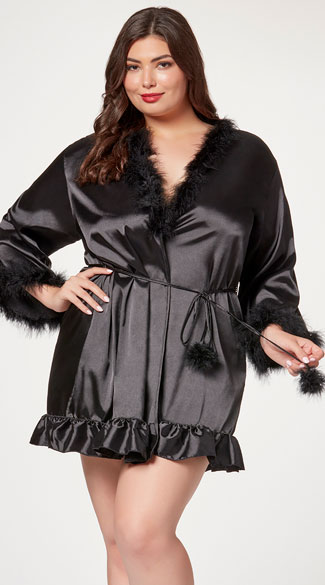 Plus Size Fuzzy Silk Short Robe, Plus Size Marabou Silk Robe - Yandy.com